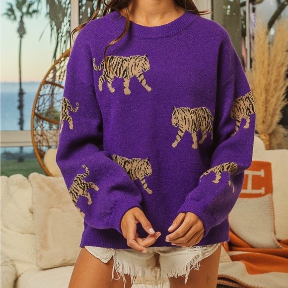 BiBi | Sweaters | New Bibi Royal Purple Tiger Pattern Oversized Balloon ...